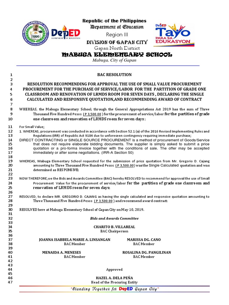 Resolution Recommending Approval of Small Value Procurement and ...