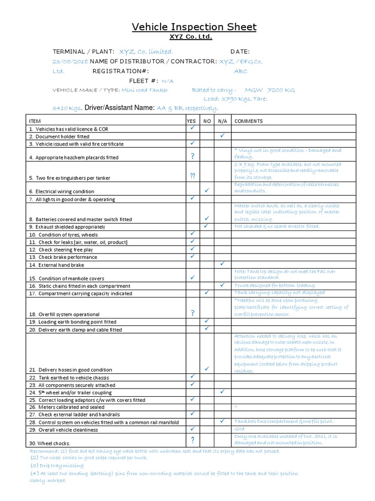 Vehicle Inspection Sheet | Download Free PDF | Vehicles | Truck