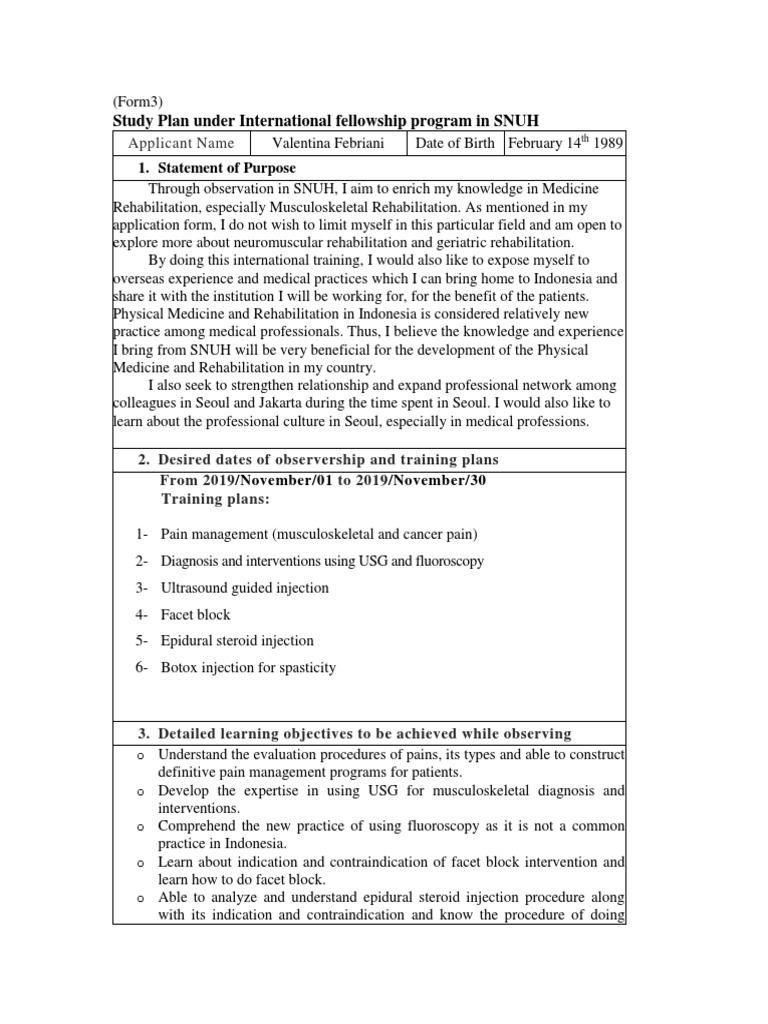 Study Plan Under International Fellowship Program in SNUH: Applicant ...