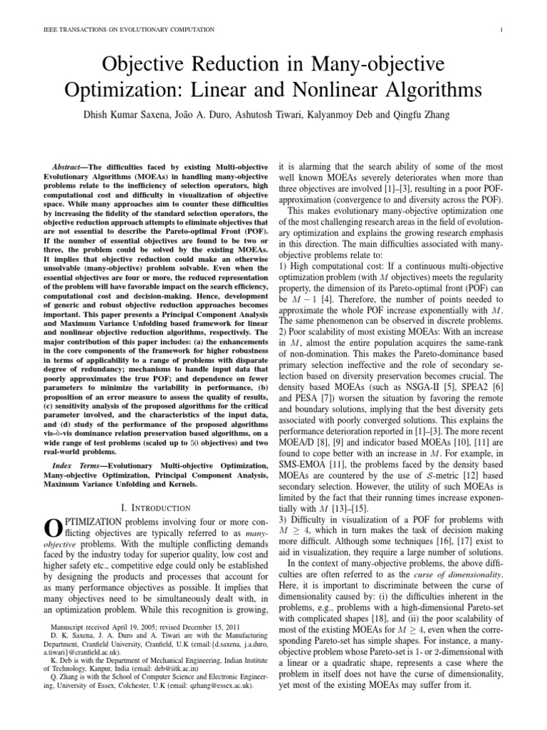 Objective Reduction in Many-Objective Optimization: Linear and Nonlinear Algorithms | PDF ...