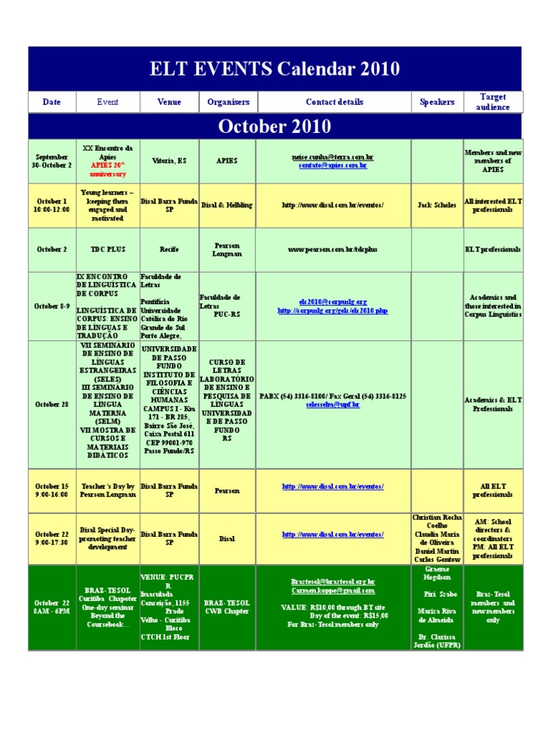 October 2010 ELT Events Calendar | PDF