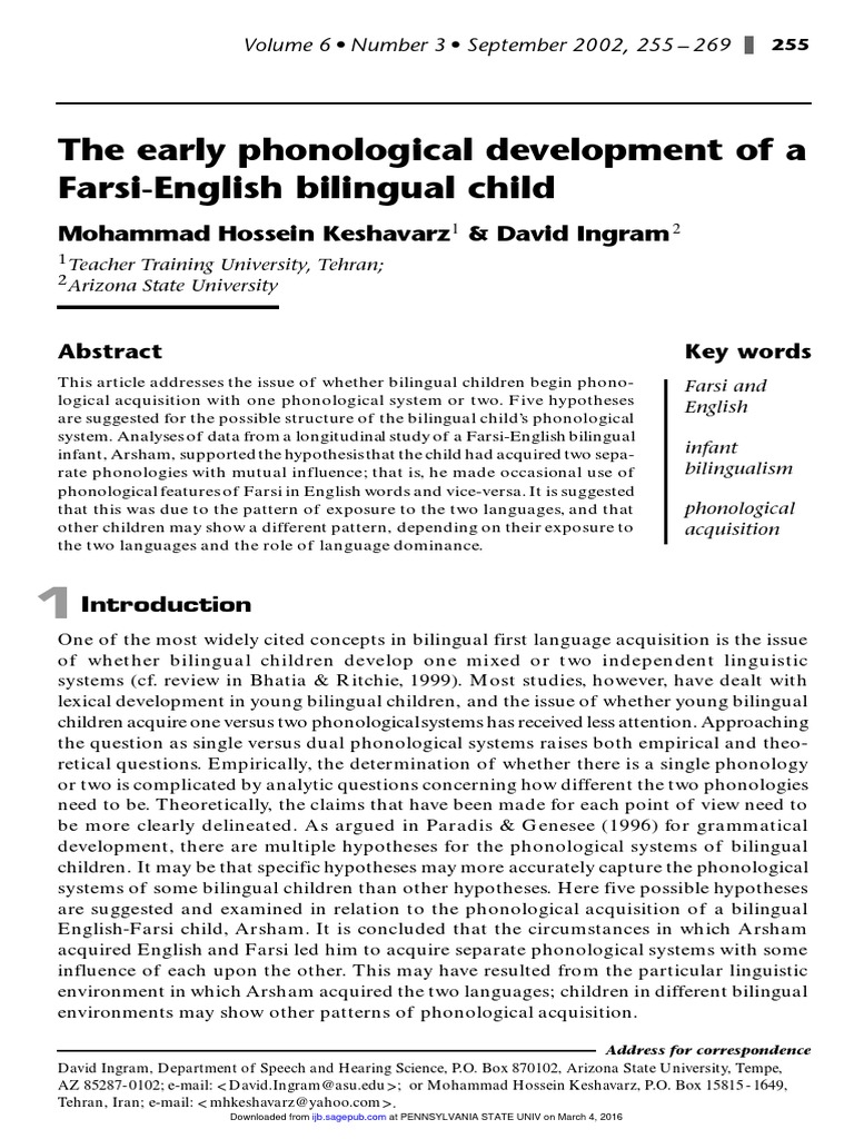 The Early Phonological Development of A Farsi-English Bilingual Child ...
