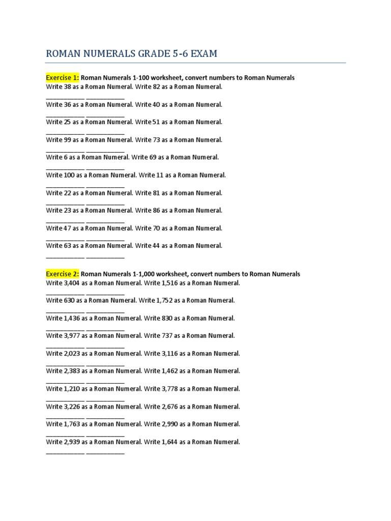Roman Numerals Grade 5-6 Exam: Exercise 1 | PDF | Ancient Science ...