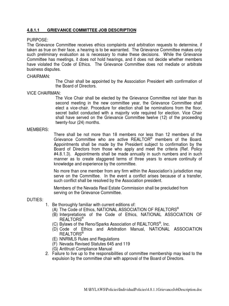 4.8.1.1 Grievance Committee Job Description: M:/Bylaws/Policies ...