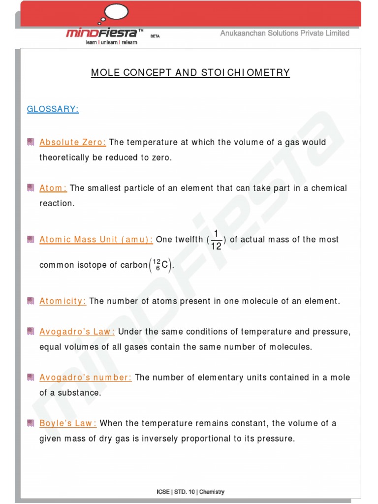 Mole Concept and Stoichiometry: Glossary | PDF | Gases | Molecules