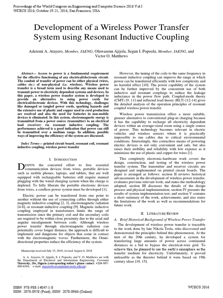 Development of A Wireless Power Transfer System Using Resonant ...