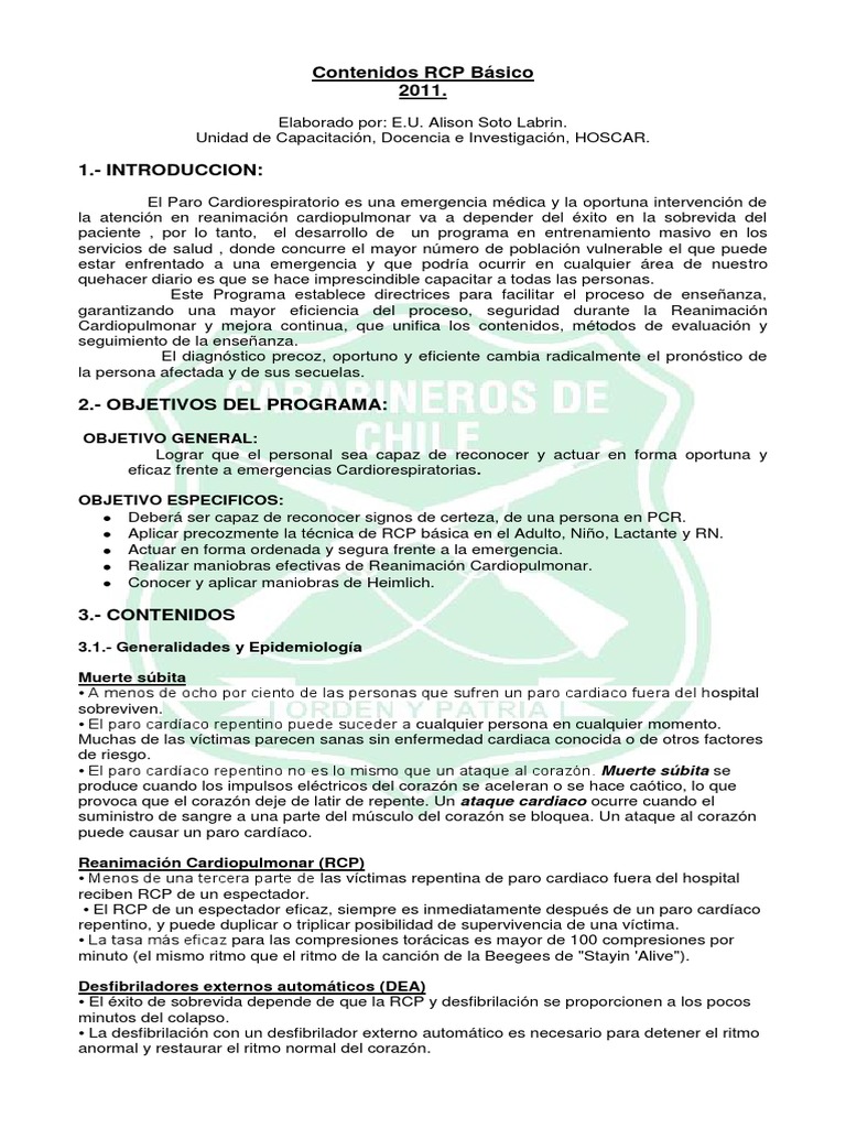 RCP Basico | PDF | Reanimación cardiopulmonar | Paro cardíaco