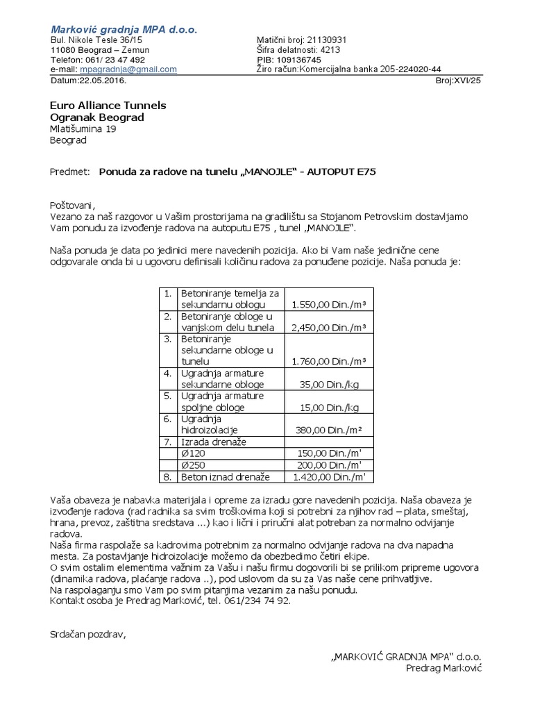 Ponuda Za Radove Na Tunelu MANOJLE" - AUTOPUT E75 | PDF