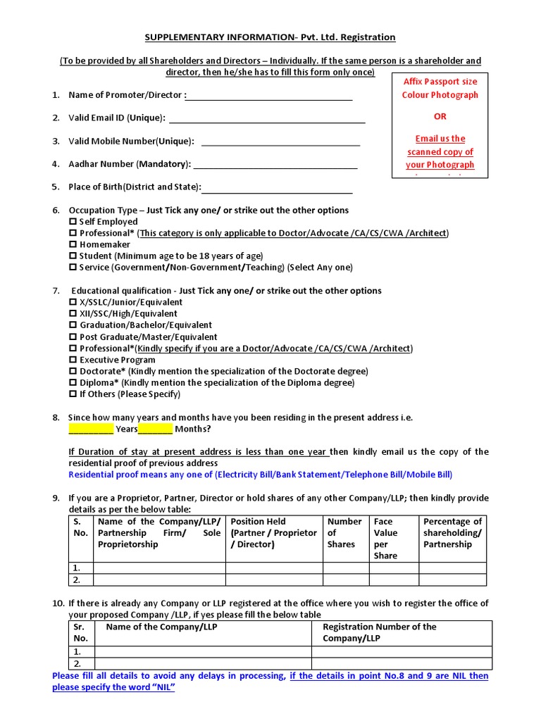 1) Supplementary Information Requirment Sheet - Pvt. Ltd. | PDF ...