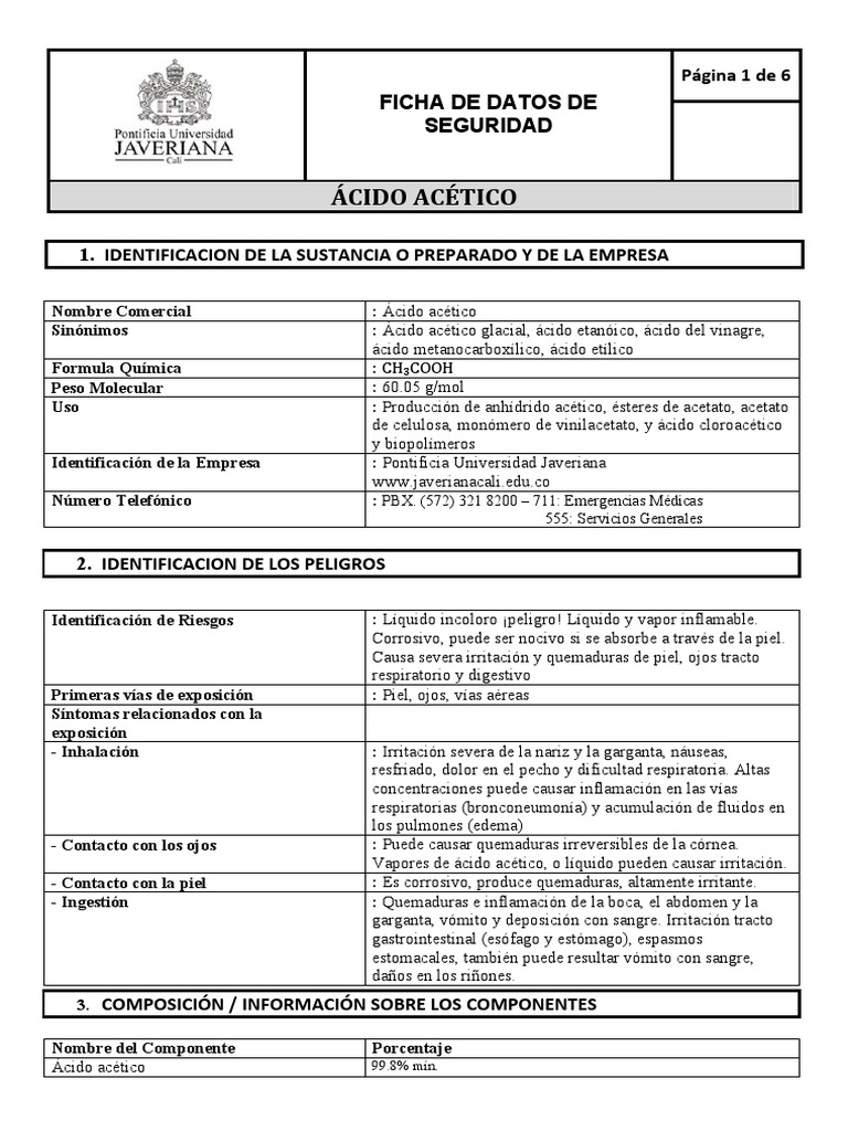 Ácido Acético Ficha Tecnica PDF | PDF | Ácido acético | Agua