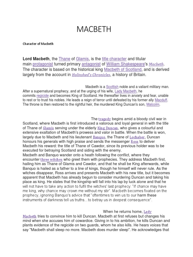 Macbeth: Thane Glamis Title Character Protagonist Antagonist William Shakespeare Macbeth of ...