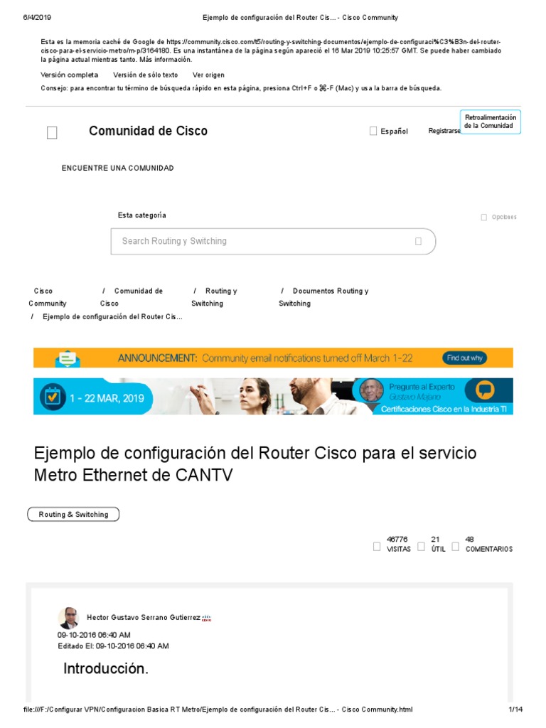 Configuración básica Router Cisco para servicio Metro Ethernet | PDF | Enrutador (Computación ...
