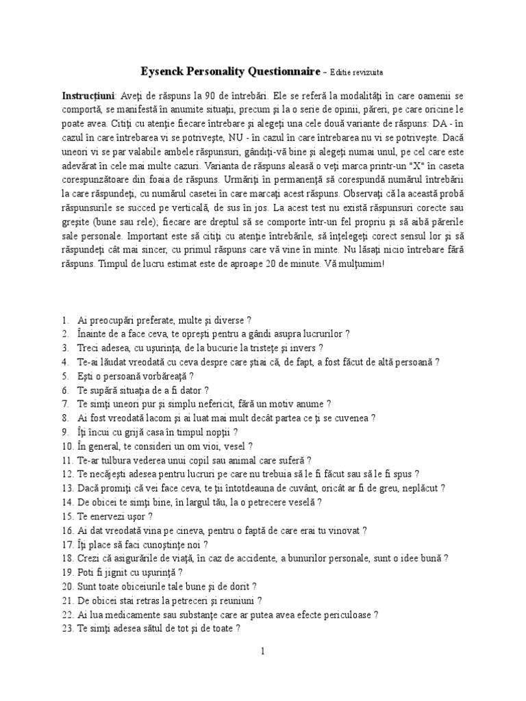 EPQ Eysenck Personality Questionnaire | PDF