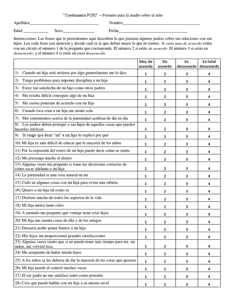 Cuestionario PCRI para Madres | PDF | Crecimiento personal y ...