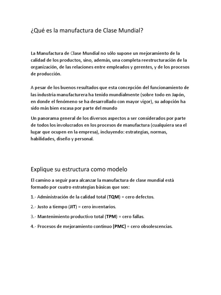 Qué Es La Manufactura de Clase Mundial | PDF | Calidad (comercial) | Economias