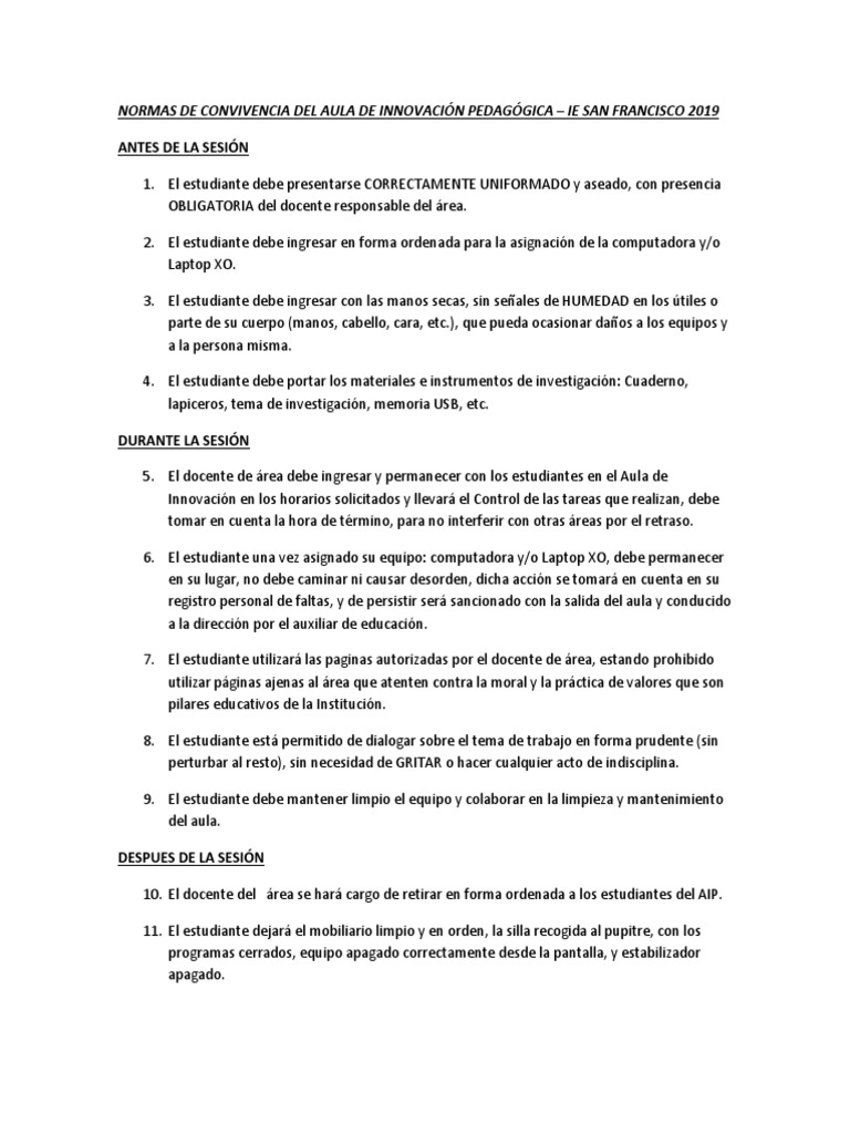 Normas de Convivencia AIP | PDF | Salón de clases | Internet