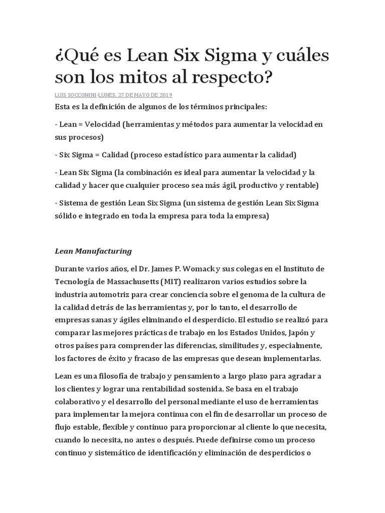 ¿Qué Es Lean Six Sigma? Por Luis Socconini | PDF | Six Sigma | Calidad ...