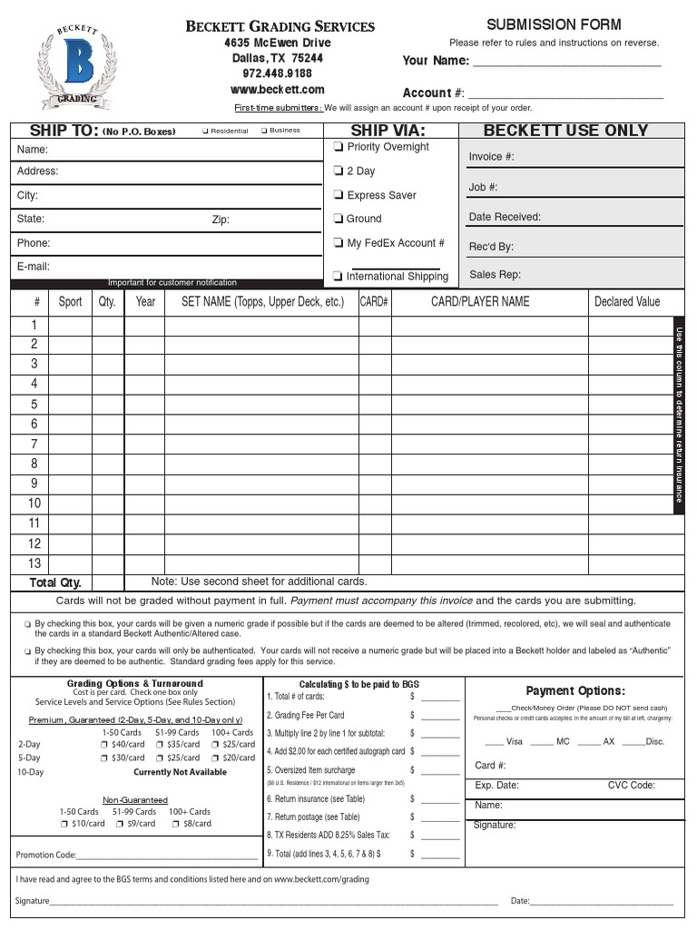 Ship To: Ship Via: Beckett Use Only: Your Name: - Account # | PDF ...