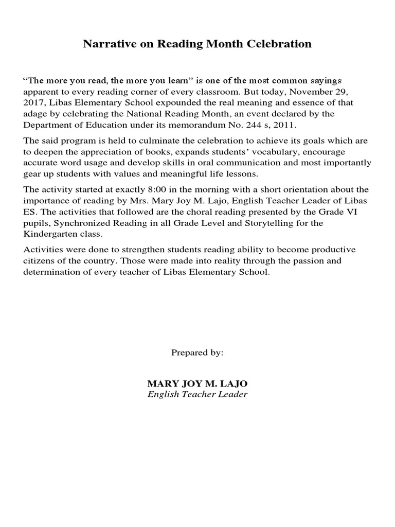 Narrative On Reading Month Celebration | PDF