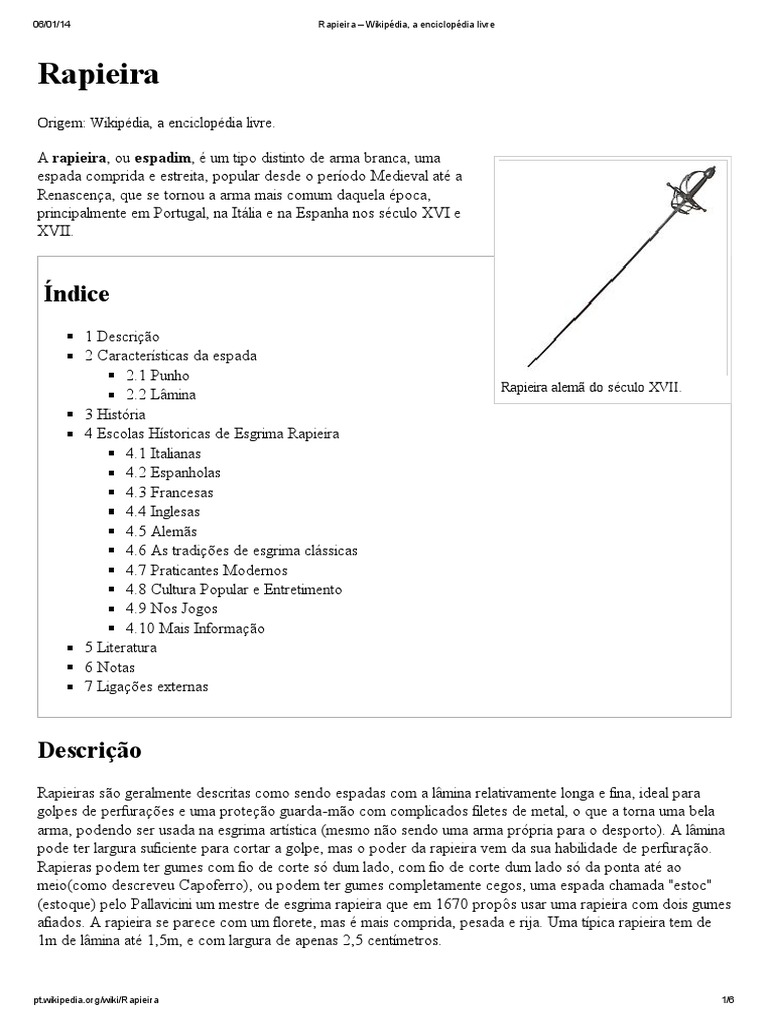 Rapieira - Wikipédia, A Enciclopédia Livre | PDF | Esgrima | Armas Melee