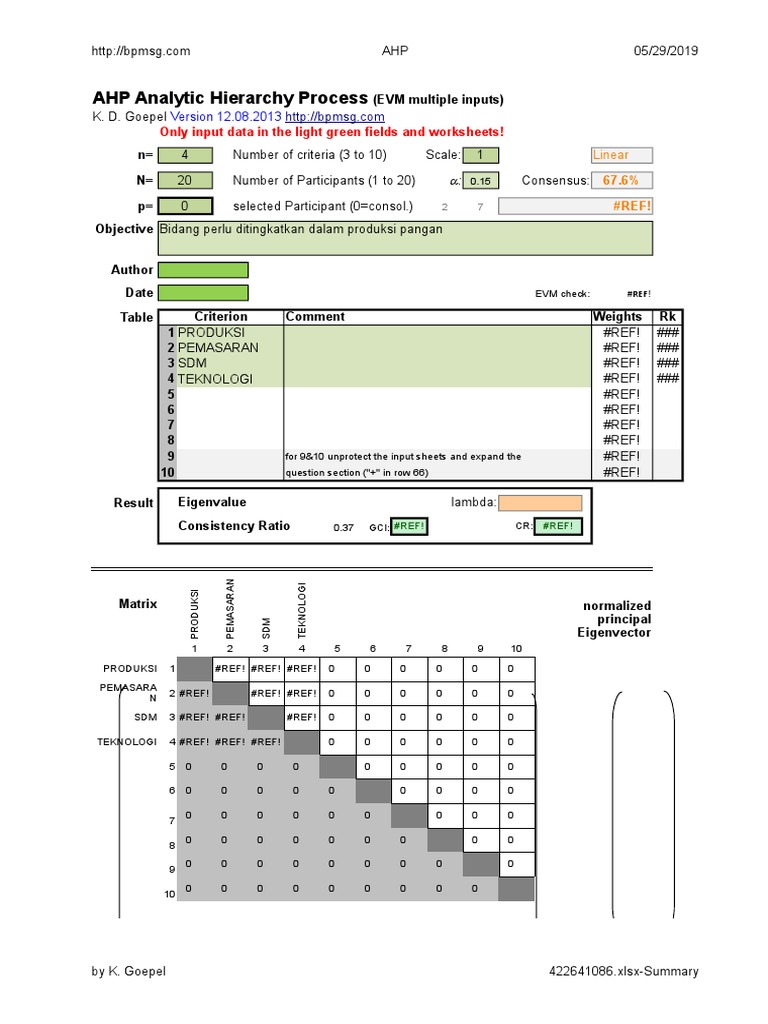 AHP Analytic Hierarchy Process: Only Input Data in The Light Green Fields and Worksheets! | PDF ...