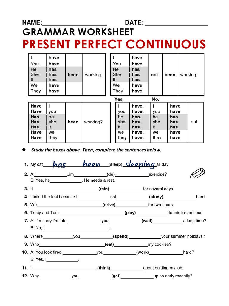 Present Perfect Continuous: Grammar Worksheet | PDF
