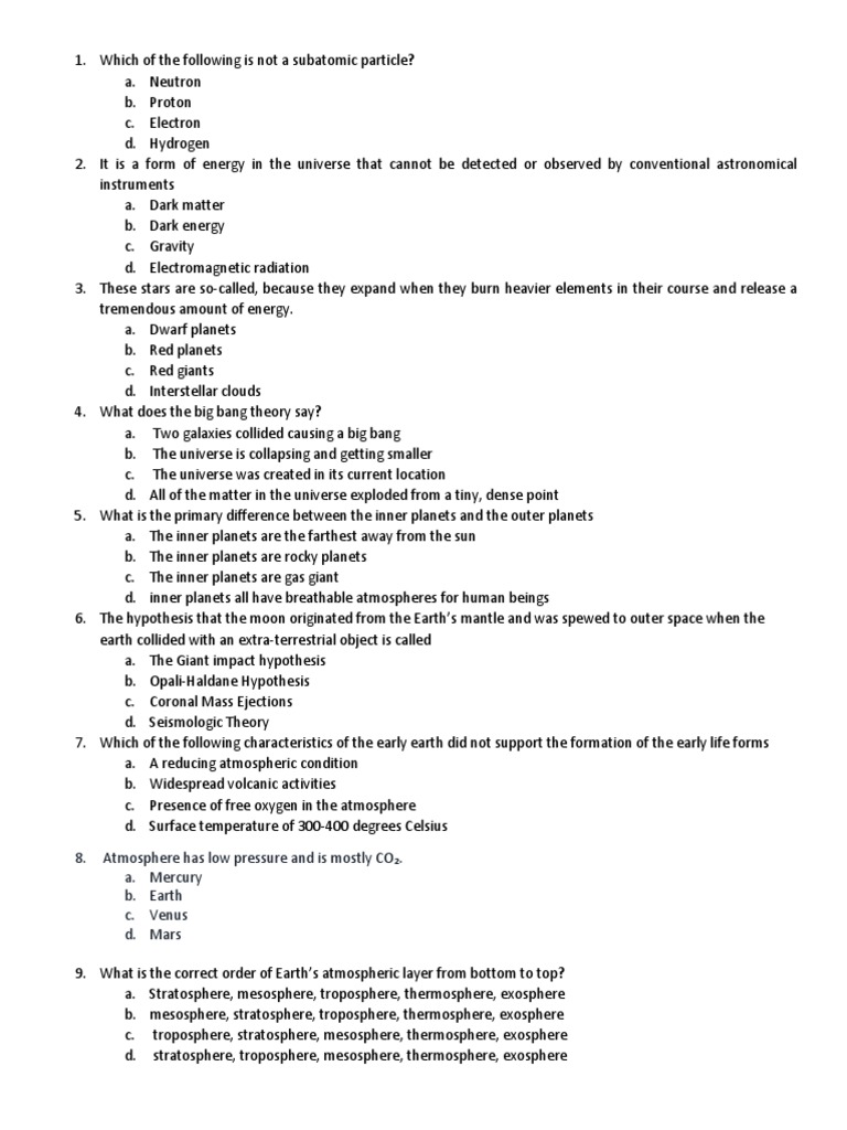 Earth Science Quiz: Subatomic Particles & More | PDF | Mantle (Geology) | Crust (Geology)