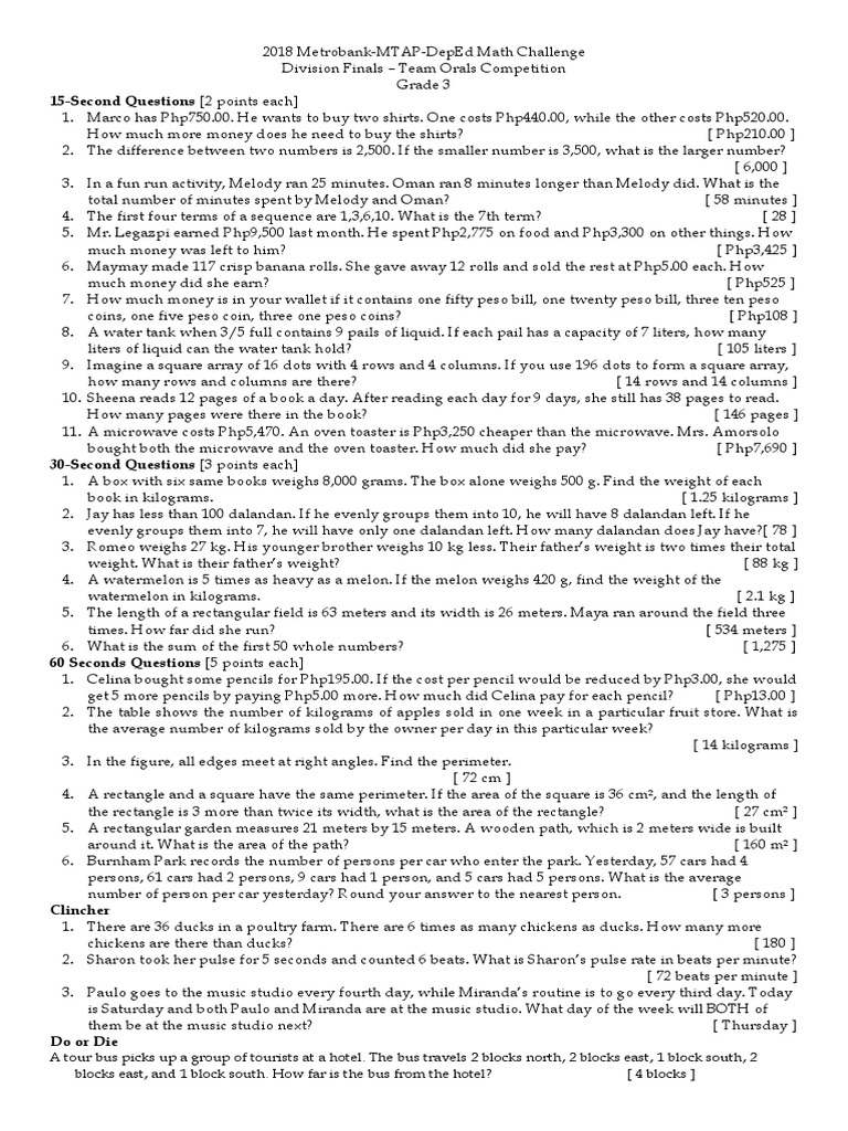 Grade 3 Math Challenge Questions | PDF | Rectangle | Nature