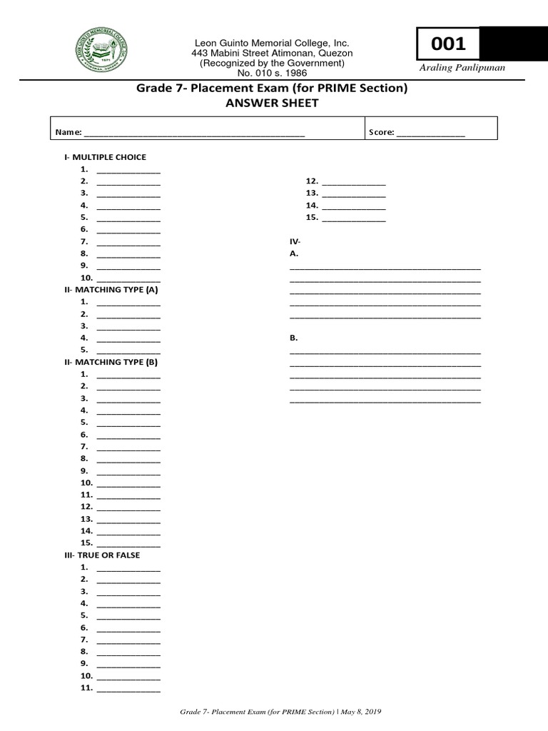 Grade 7 PRIME Section Exam Answer Sheet | PDF | Student Assessment And ...