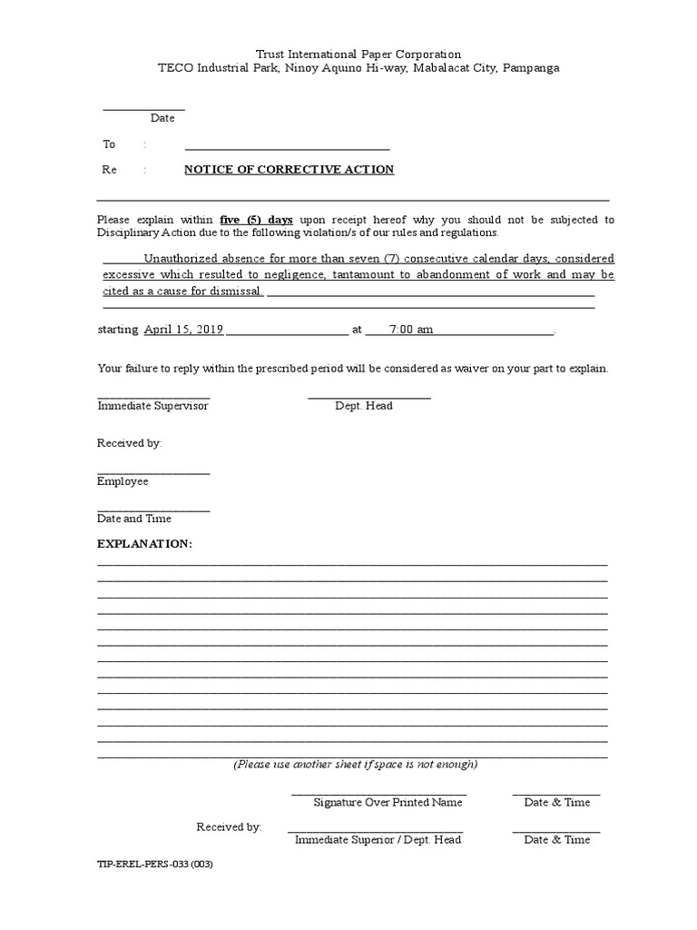 Notice of Corrective Action: (Please Use Another Sheet If Space Is Not ...