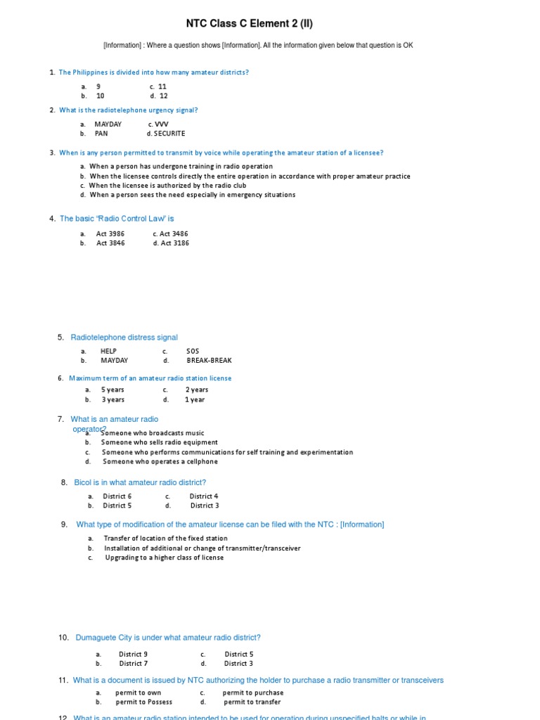 NTC Class C Exam Reviewer: Element 2 | PDF | Amateur Radio | Radio