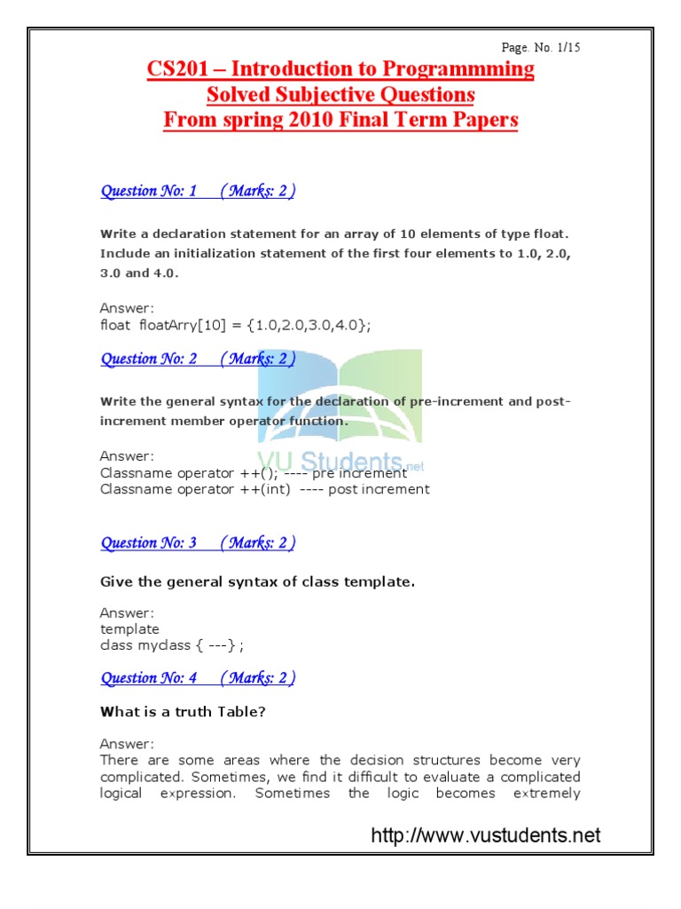 Cs201 Introduction To Programmming Solved Subjective Questions From Spring 2010 Final Term