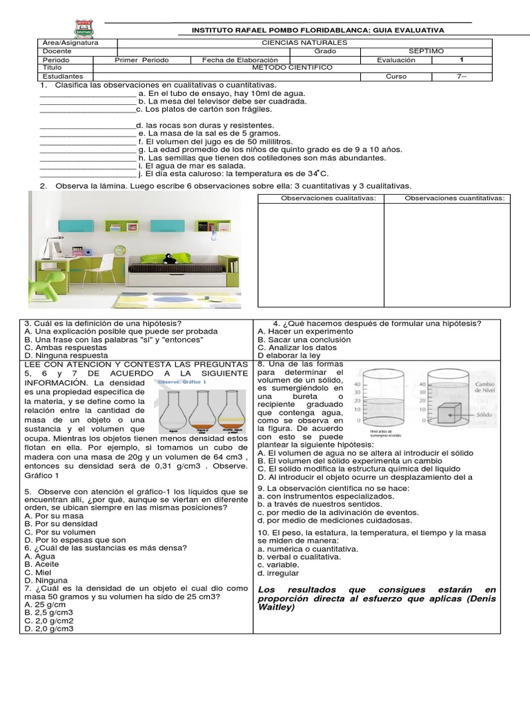 Evaluacion 1 Metodo Cientifico 7°1 | PDF | Densidad | Masa