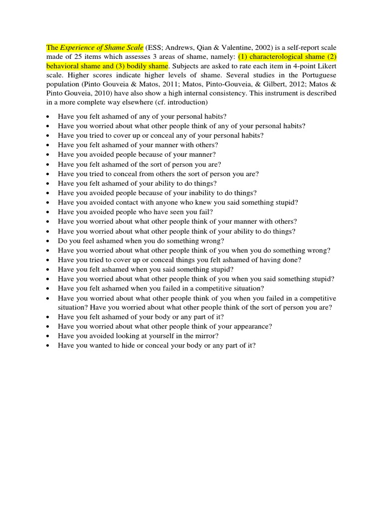 Experience of Shame Scale, Internal Shame Scale, Others As Shamers ...