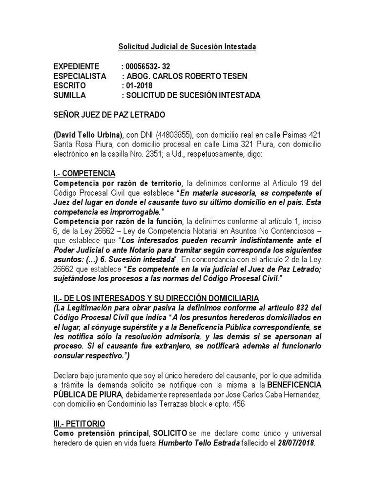 Modelo de Demanda de Sucesión Intestada | Herencia | Voluntad y testamento