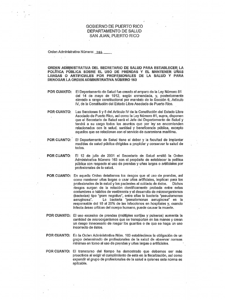 Orden - 284 - Del - Departamento - de - Salud. Sobre Uso de Prendas y Uñas Artificiales | PDF