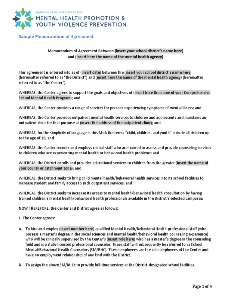 Sample Mental Health Agreement Template | PDF | Mental Health | Indemnity