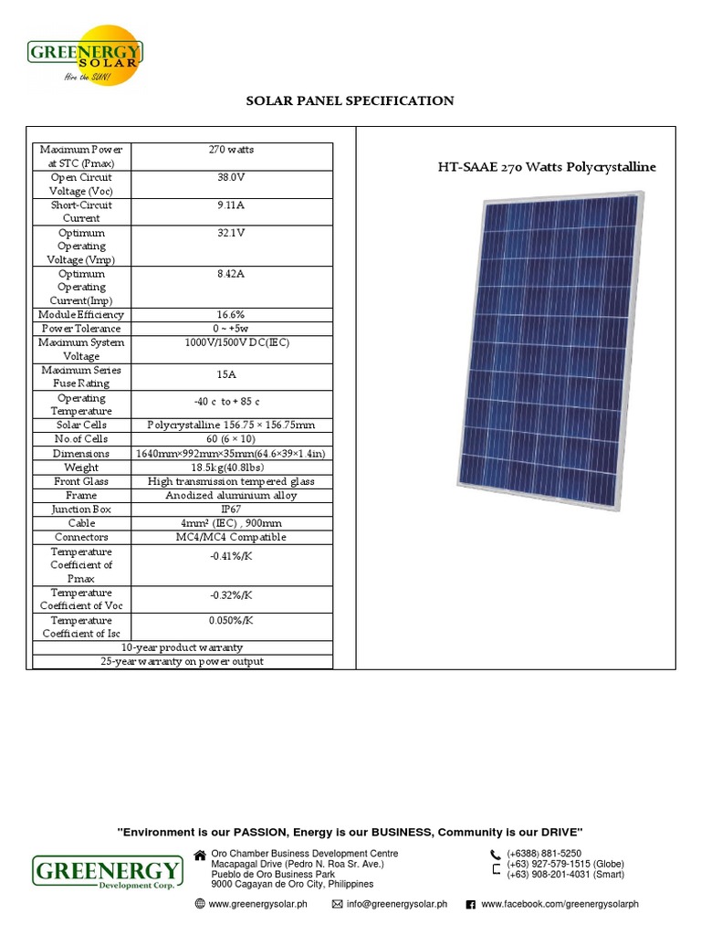 Solar Panel Specification: HT-SAAE 270 Watts Polycrystalline | PDF ...