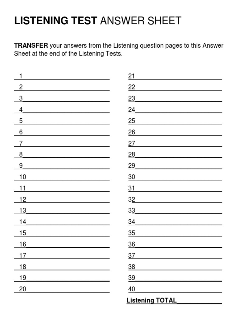 Listening Test Answer Sheet: TRANSFER Your Answers From The Listening ...