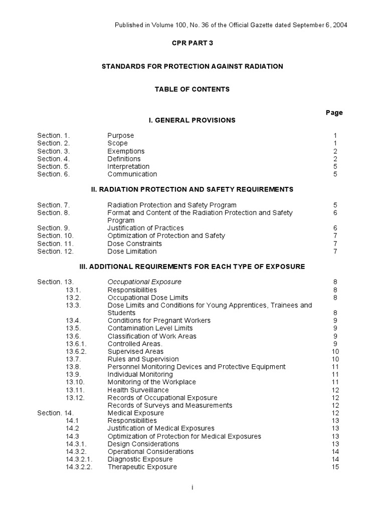 Standards for Protection Against Radiation: Table of Contents for CPR ...