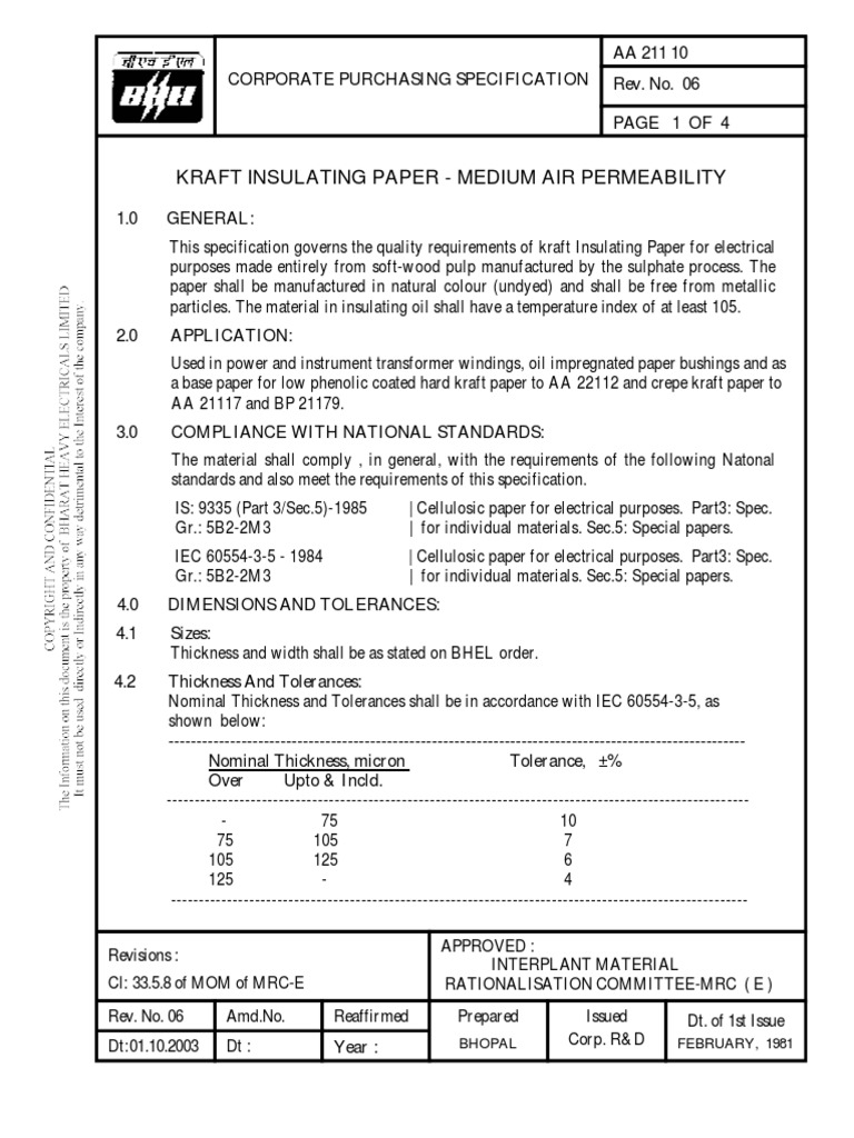 Kraft Insulating Paper Specification | PDF | Paper | Engineering Tolerance