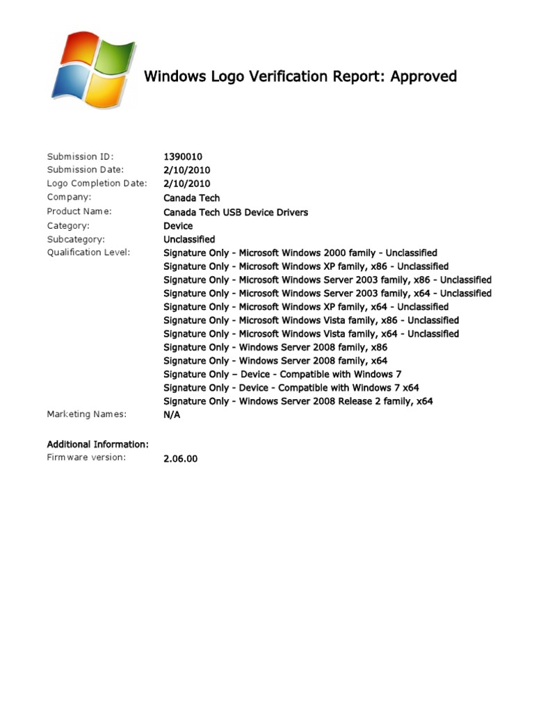 Windows Logo Verification: USB Drivers | PDF