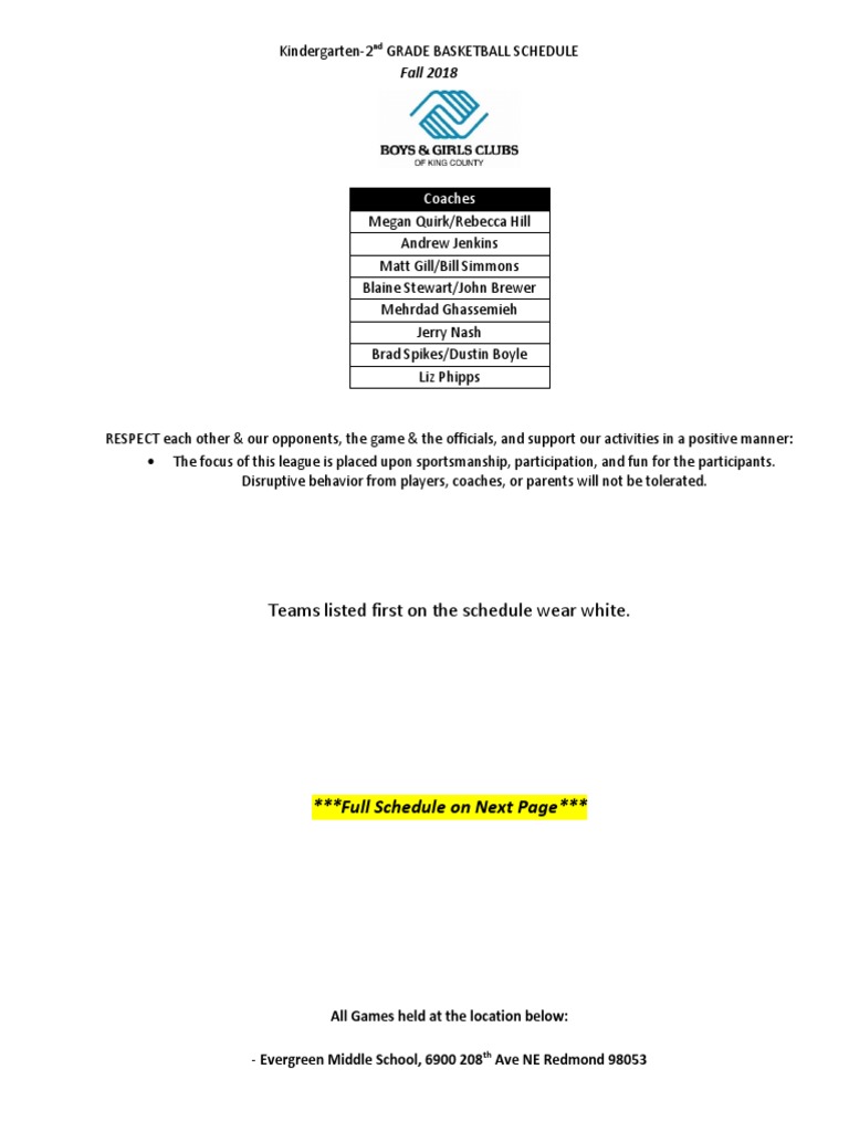 K-2 Basketball Game Schedule 2018 | PDF | Sports | Leisure