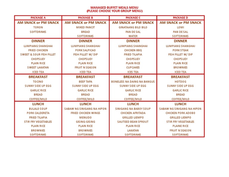 New Manage Buffet Meals Menu-Overnight | PDF | Lunch | Cooking