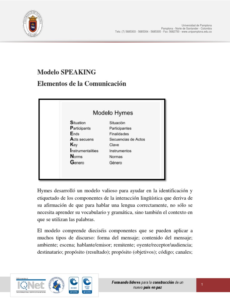 Modelo SPEAKING y Elementos de La Comunicación. | PDF | Comunicación ...