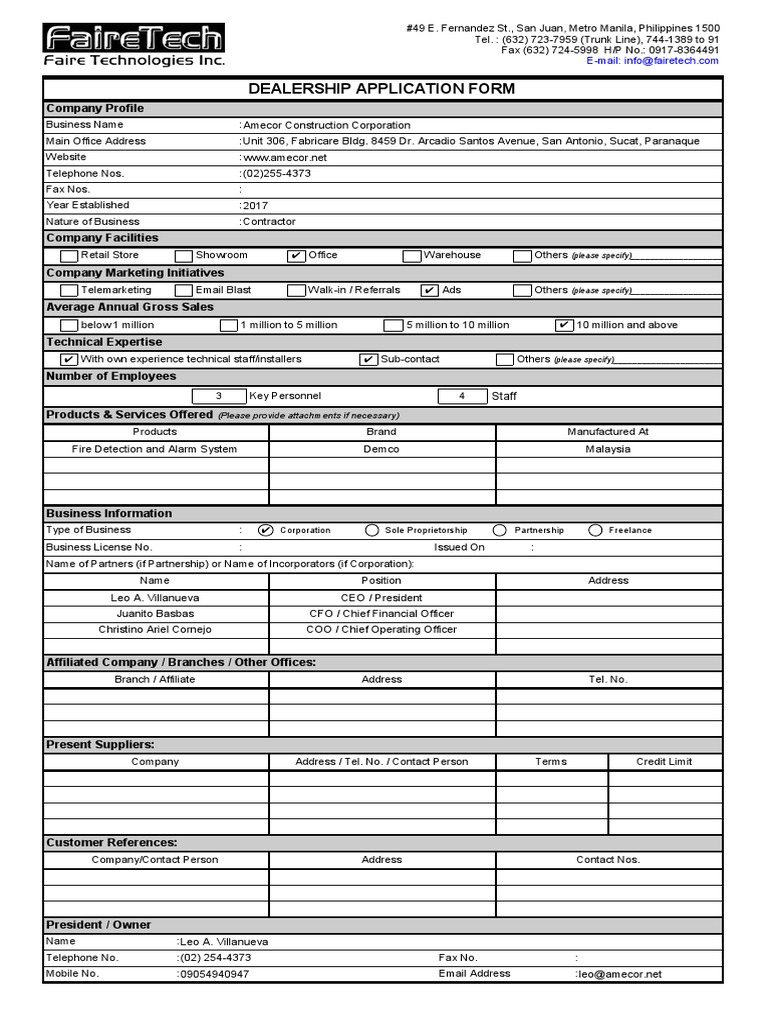 Dealership Application Form: (Please Provide Attachments If Necessary ...