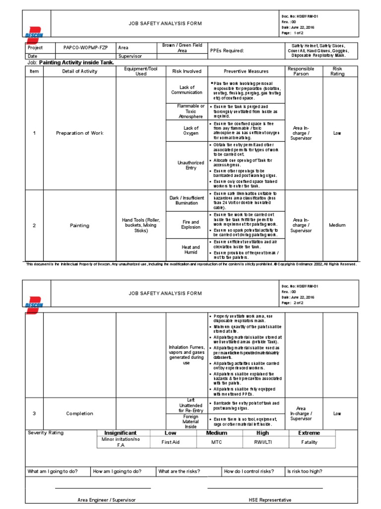 JSA For Painting Inside Tank | PDF | Prevention | Occupational Safety ...