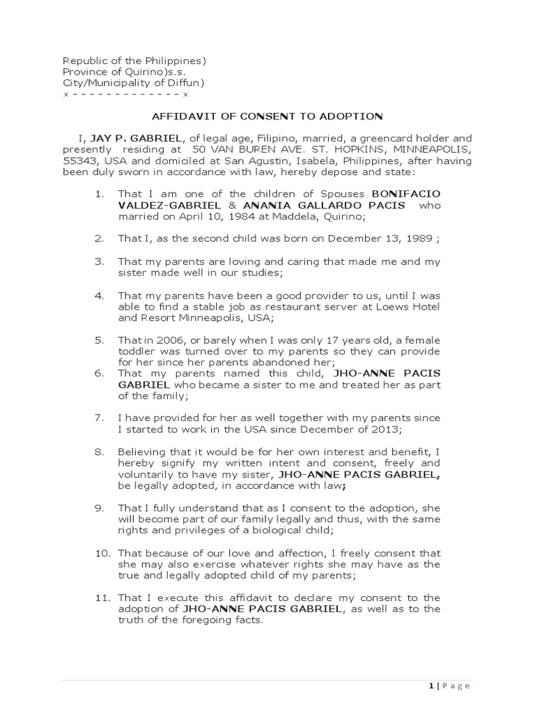 Affidavit of Consent To Adoption | PDF | Affidavit | Interpersonal ...