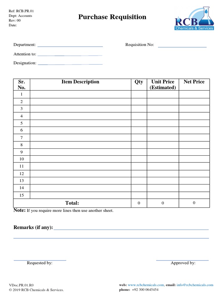Purchase Requisition: Sr. No. Item Description Qty Unit Price ...