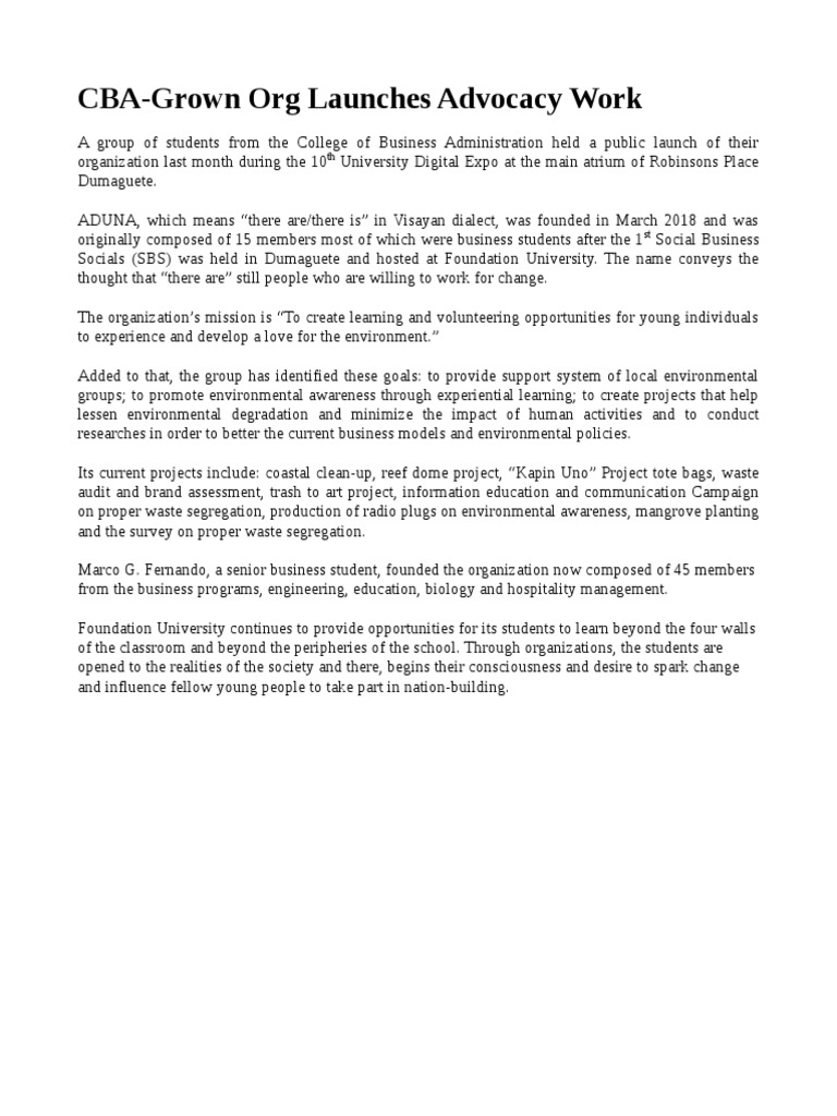 CBA Student Group Launches Environmental Advocacy | PDF | Learning ...